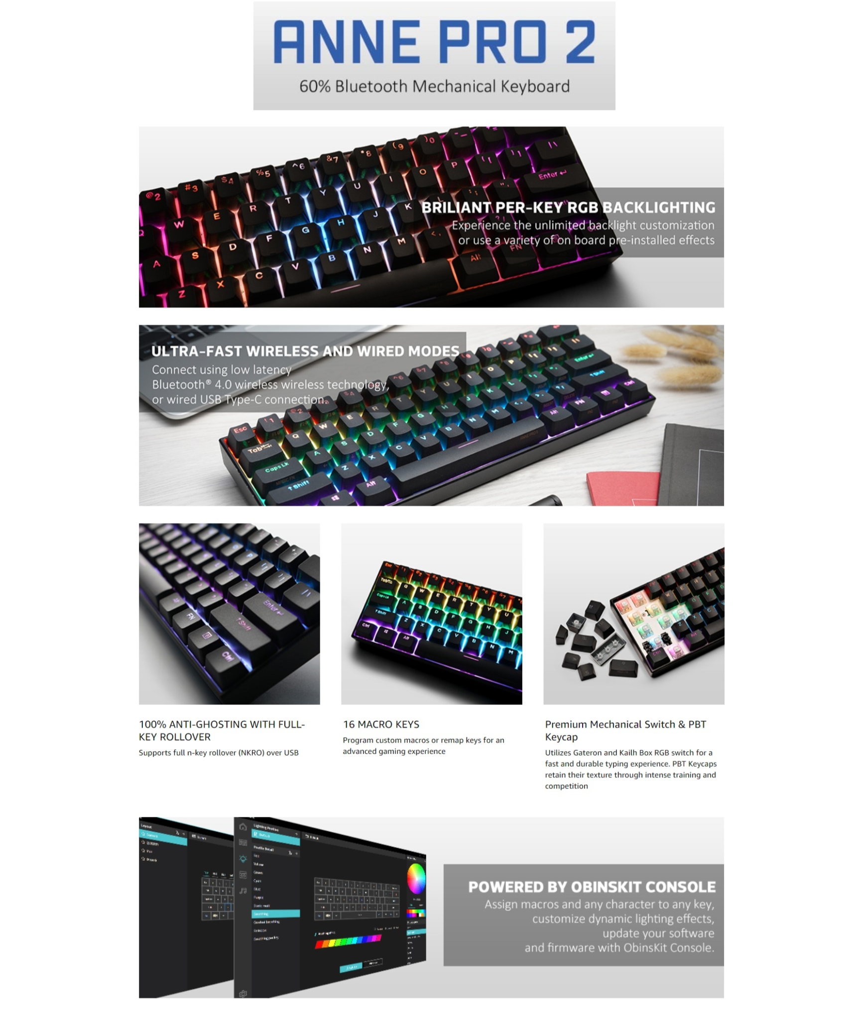 Anne Pro 2 60% Mechanical Keyboard Wired/Wireless Dual Mode Full RGB ...